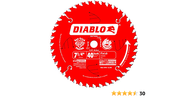 Diablo D0740A 7-1/4" X 40 Tooth Wet Lumber Finish Circular Saw Blade 5 ...
